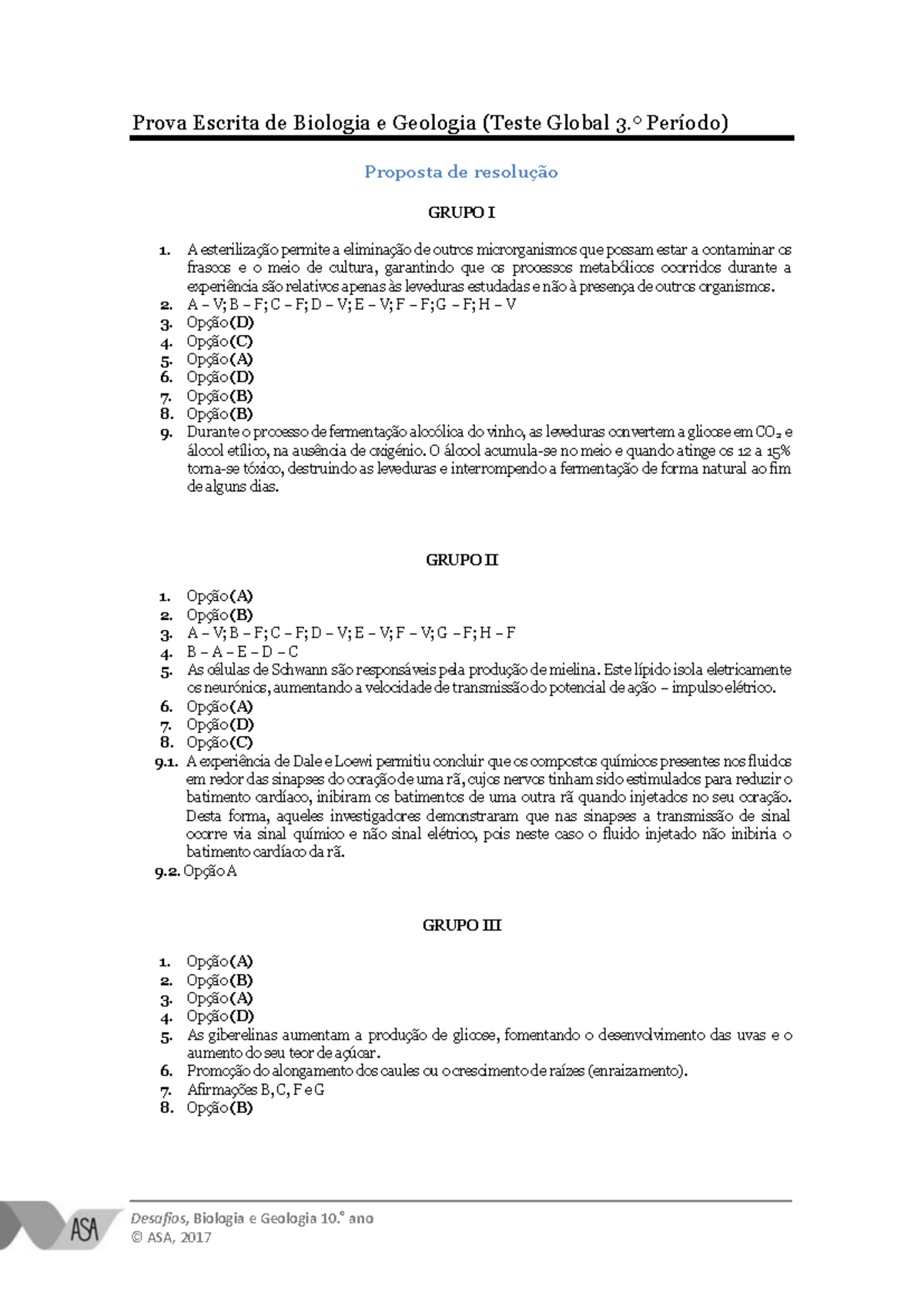 ASA Prova Escrita de Biologia e Geologia Teste Global 3.o Período ...