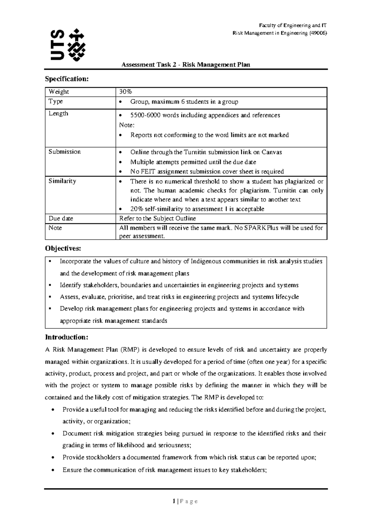 Assessment Task - RMP - Faculty of Engineering and IT Risk Management ...