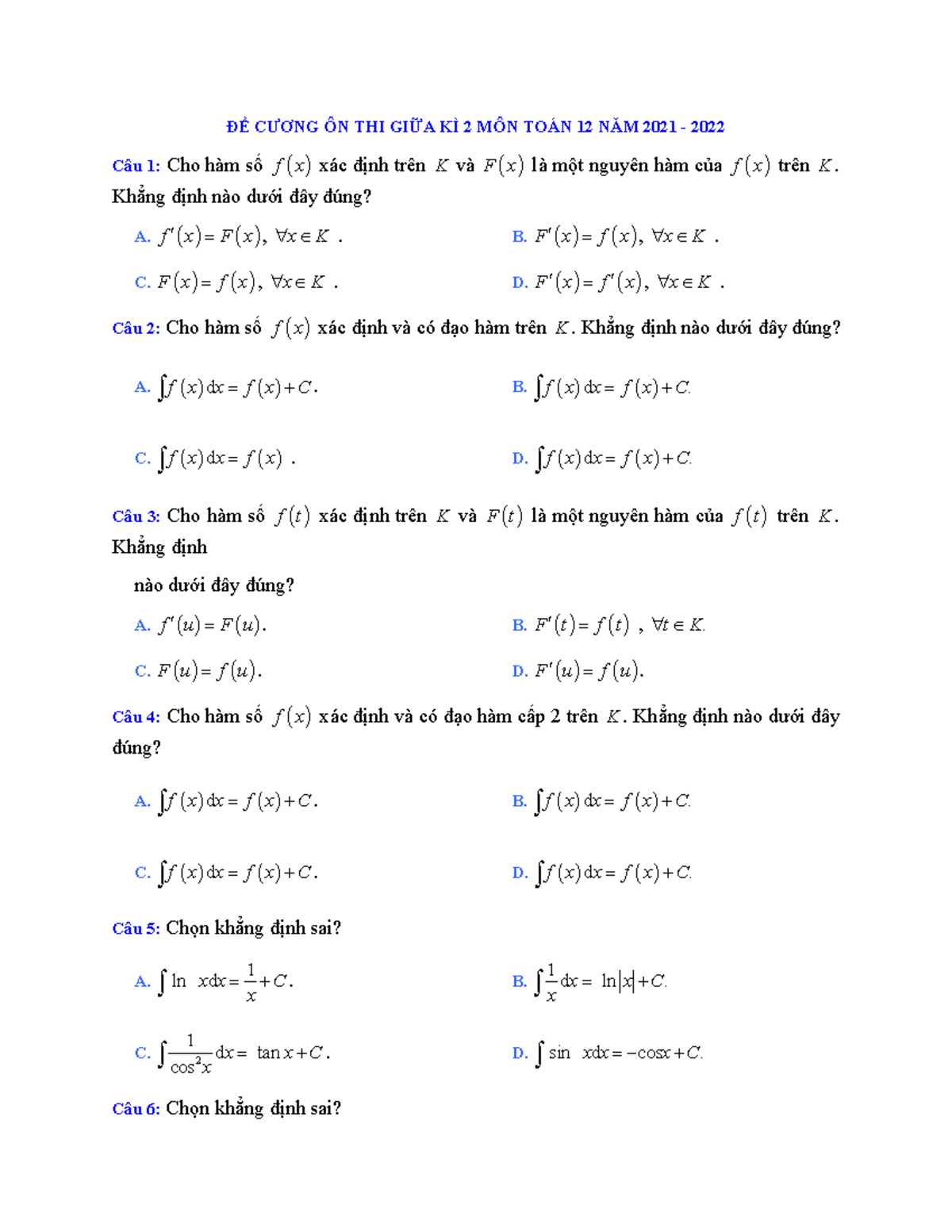 De Cuong On Tap Giua Hoc Ki 2 Toan 12 дђб ђ Cжїж Ng г N Thi Giб A Kгњ 2 Mг N