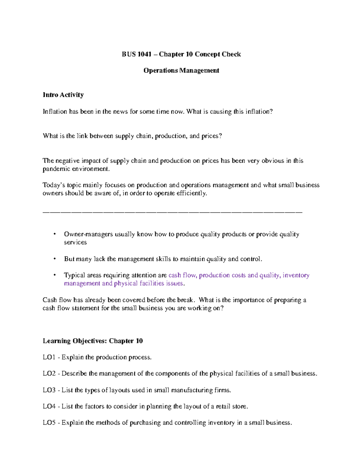 BUS 1041 Week 12 - Operations Management Questions - BUS 1041 – Chapter ...