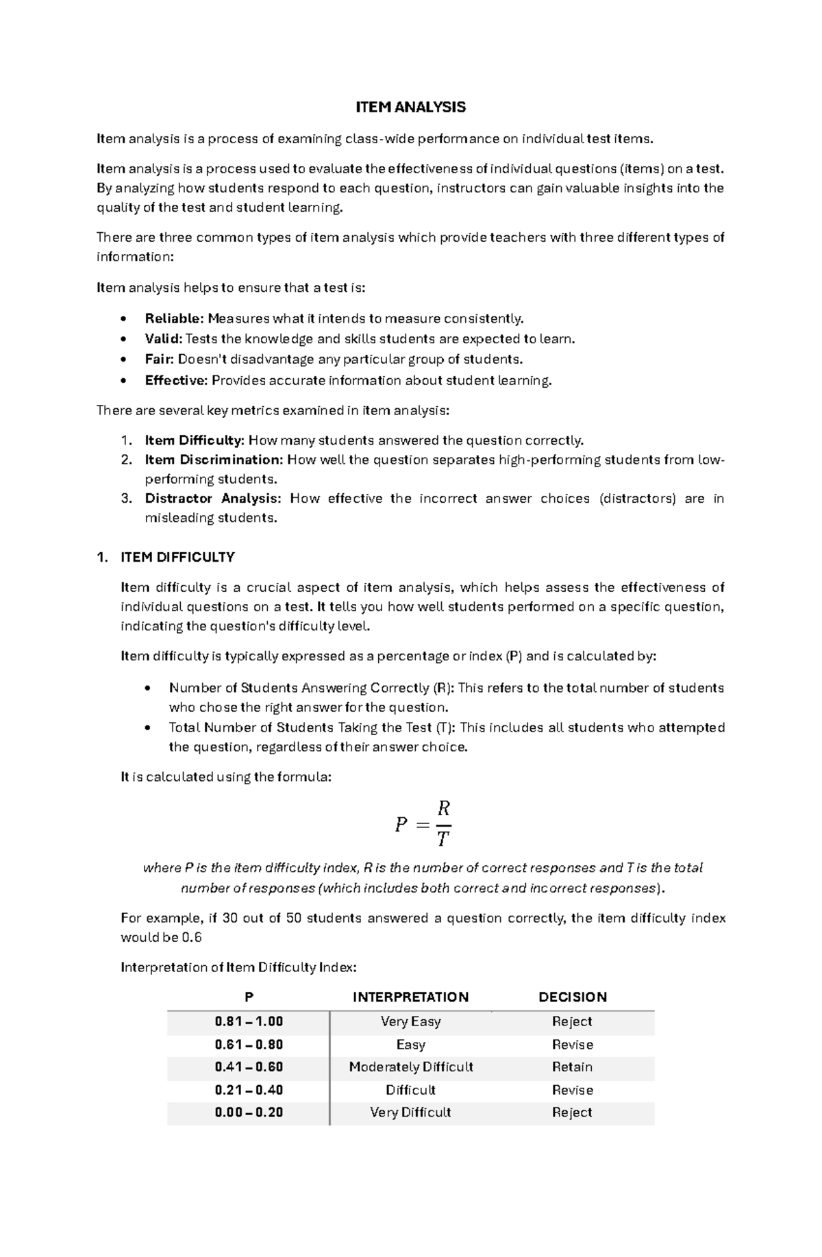 ITEM- Analysis - Summary Professional Teaching - ITEM ANALYSIS Item ...