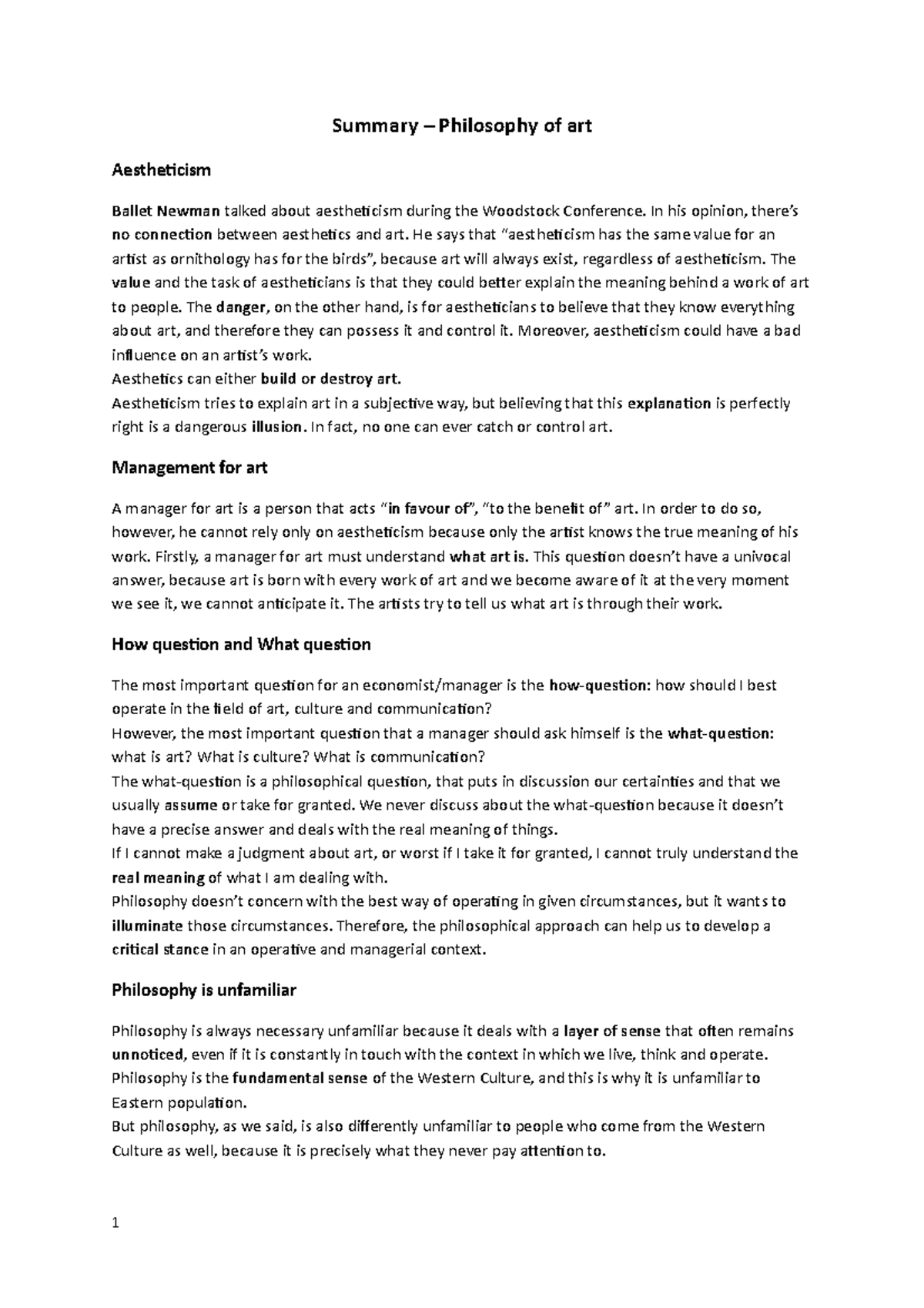 Philosophy of Art Summary - Summary – Philosophy of art Aestheticism ...