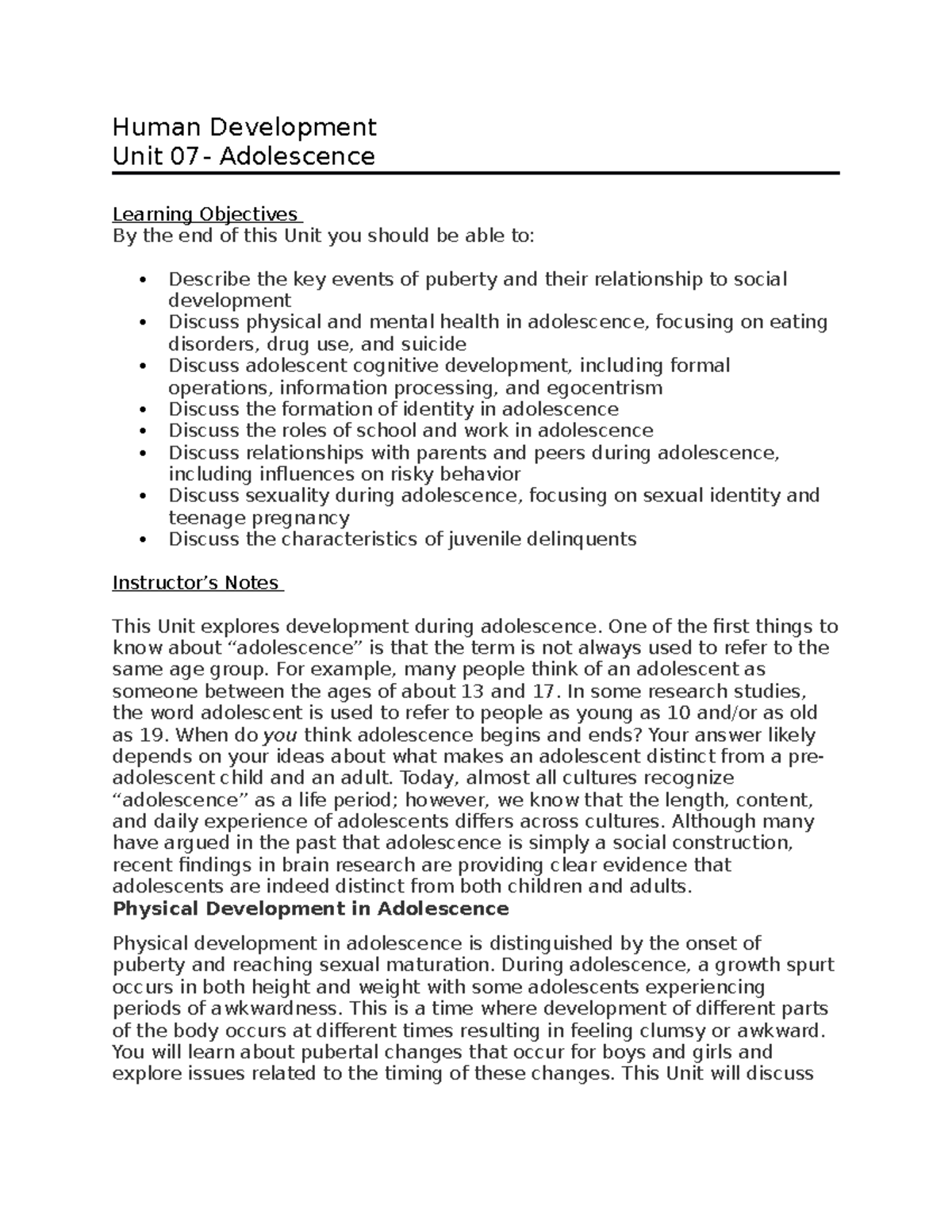 Human Development Unit 07 - One of the first things to know about ...