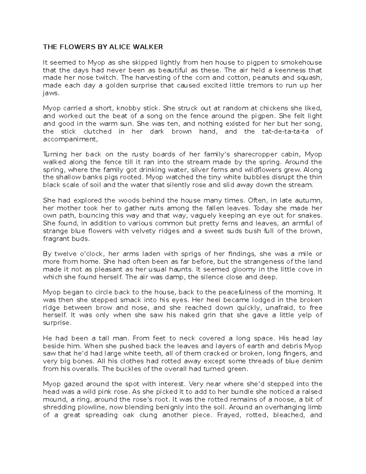 THE- Flowers-BY- Alice- Walker - THE FLOWERS BY ALICE WALKER It seemed ...