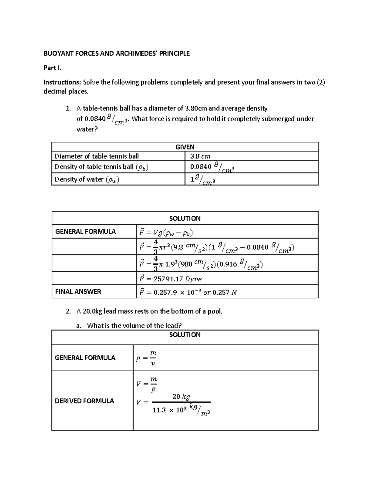 Buoyant Forces AND Archimedes - BUOYANT FORCES AND ARCHIMEDES ...