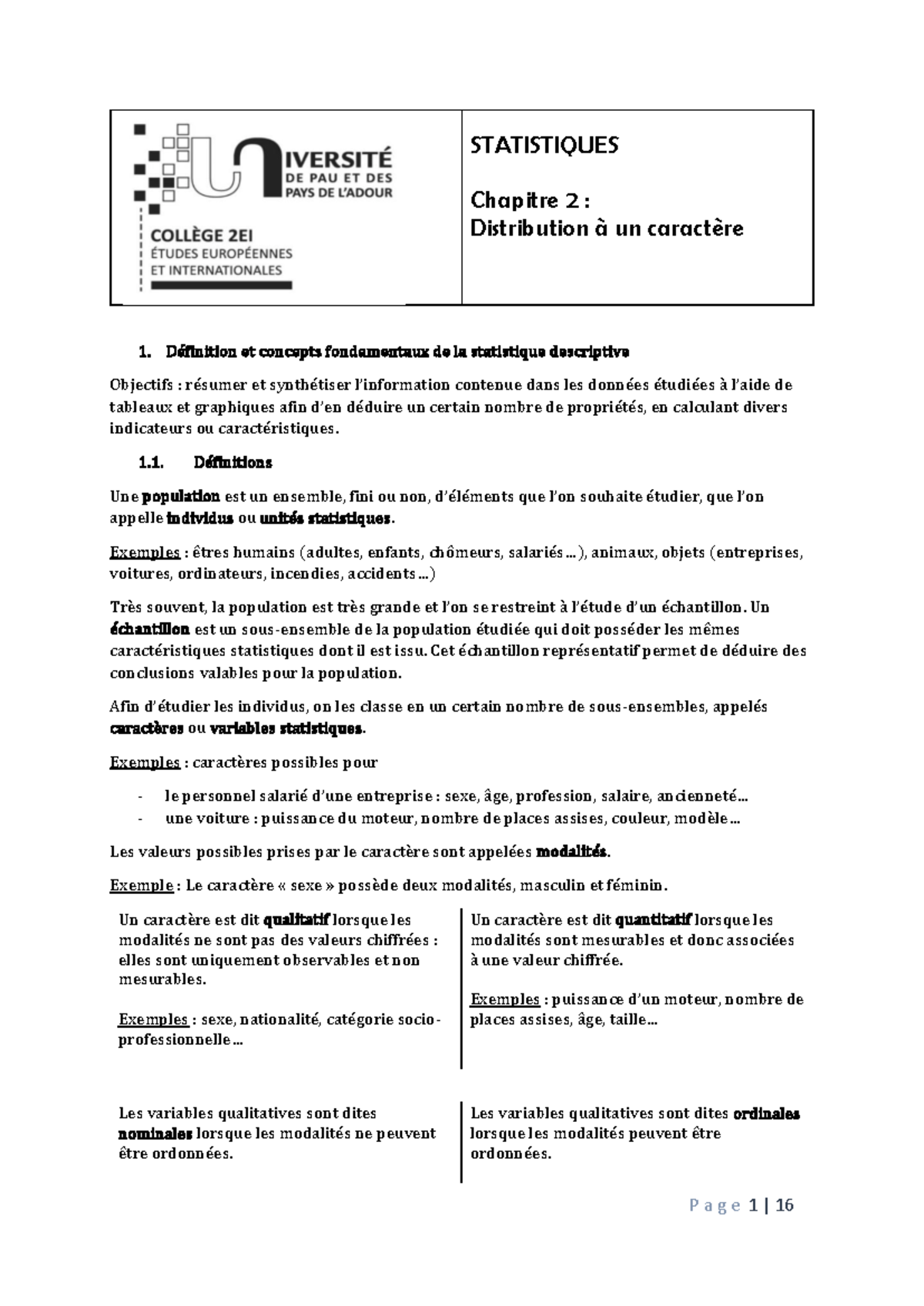 L1 S1 Stats 2 - STATISTIQUES Chapitre 2 : Distribution à un caractère Définition et concepts ...