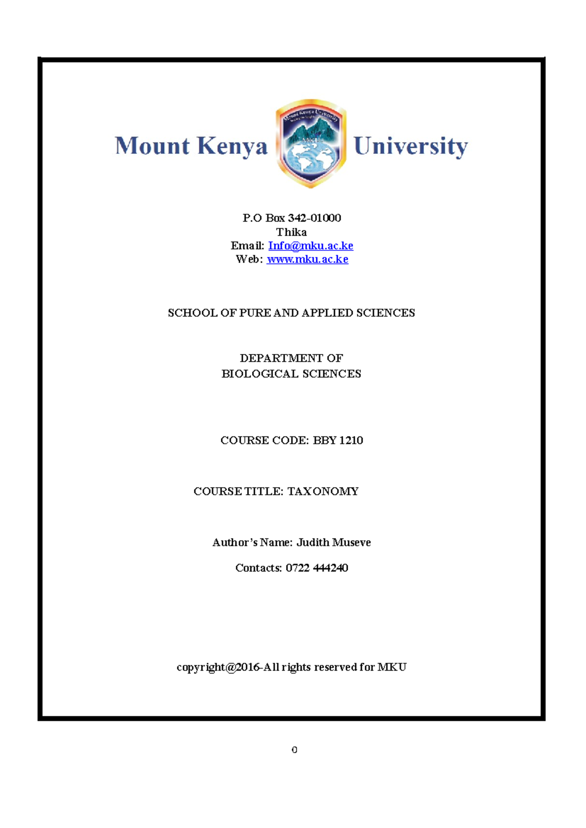 Taxonomy Module , Final - P Box 342 - 01000 Thika Email: Info@mku.ac ...