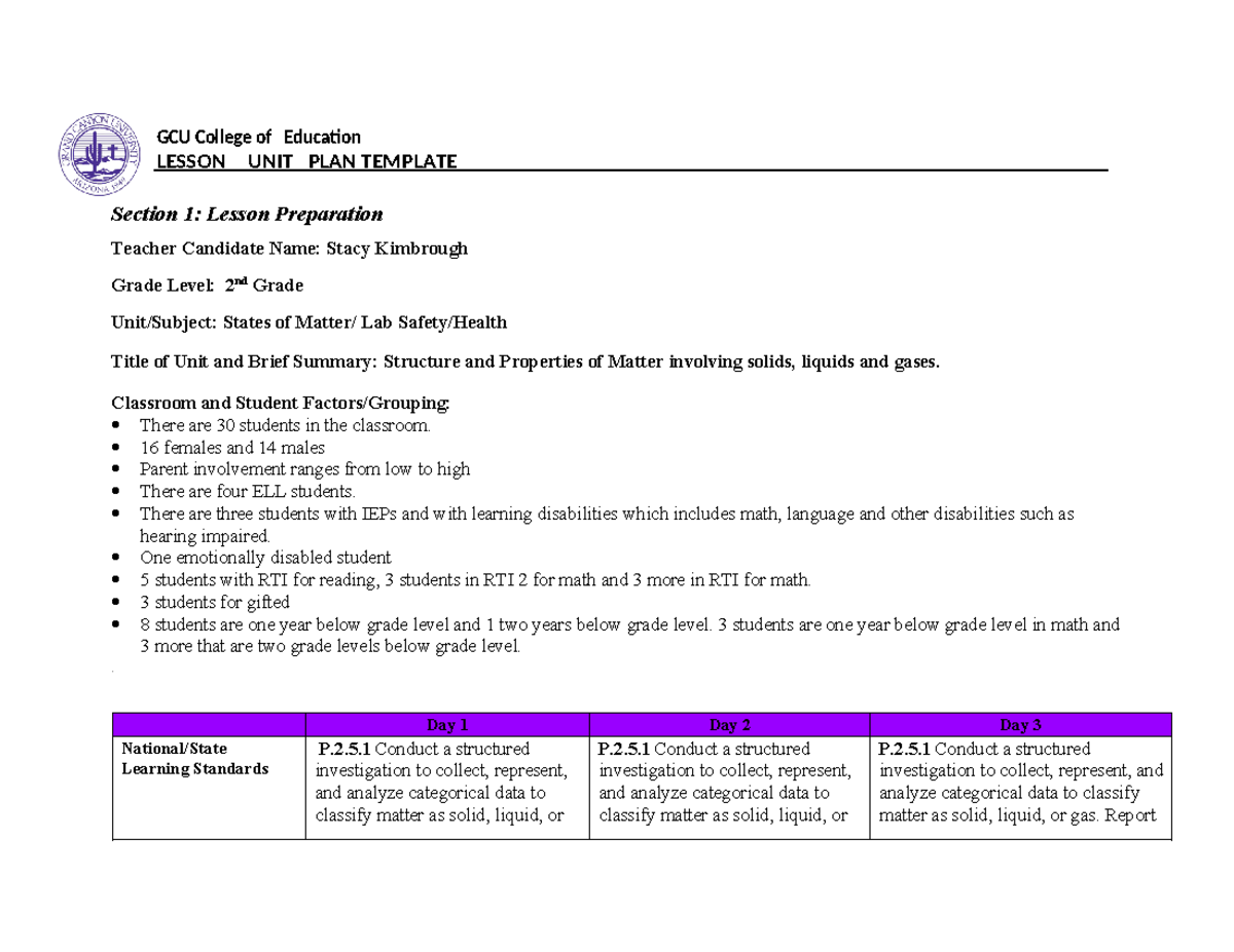3-day unit plan template pennaton week 7 - Section 1: Lesson ...