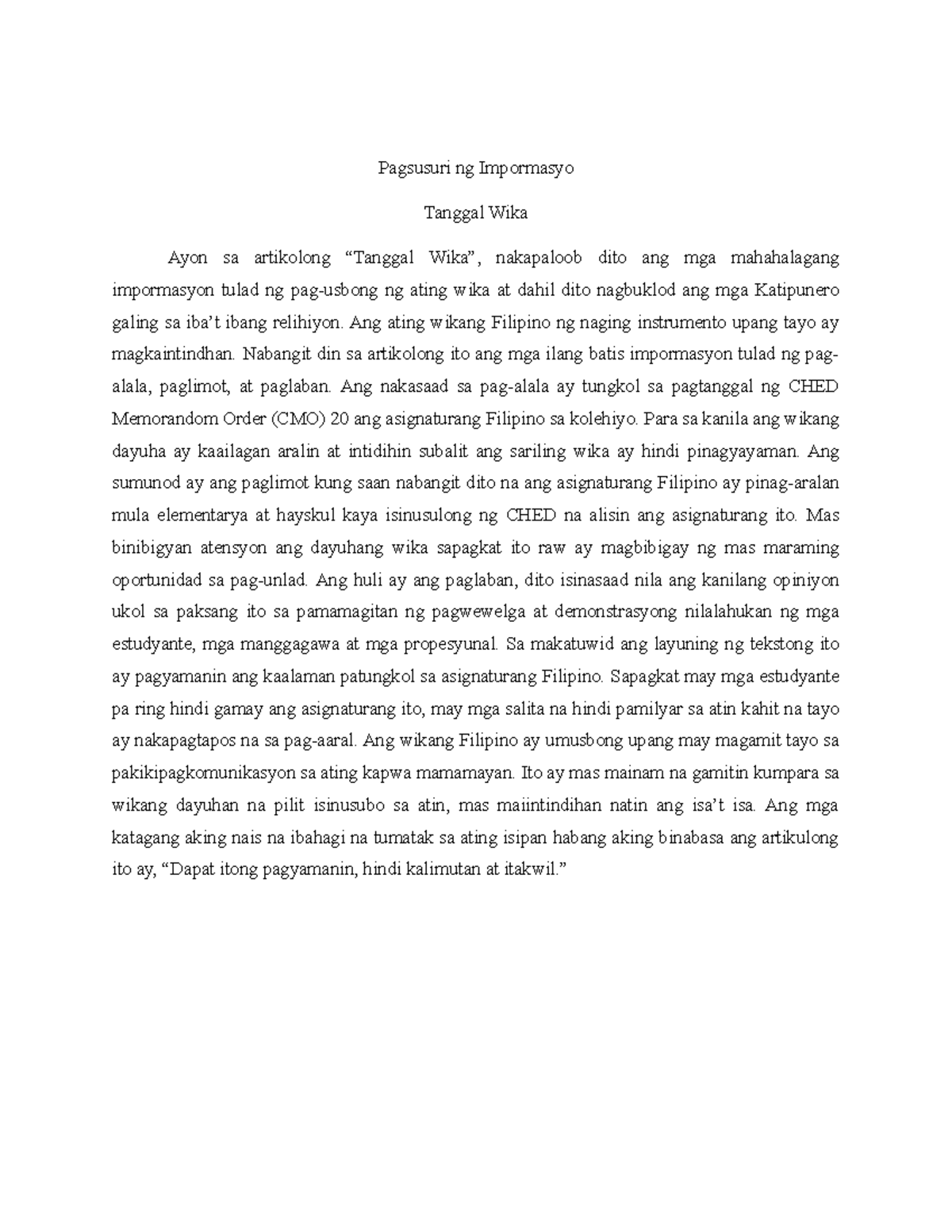 Pagsusuri - short essay - Pagsusuri ng Impormasyo Tanggal Wika Ayon sa ...