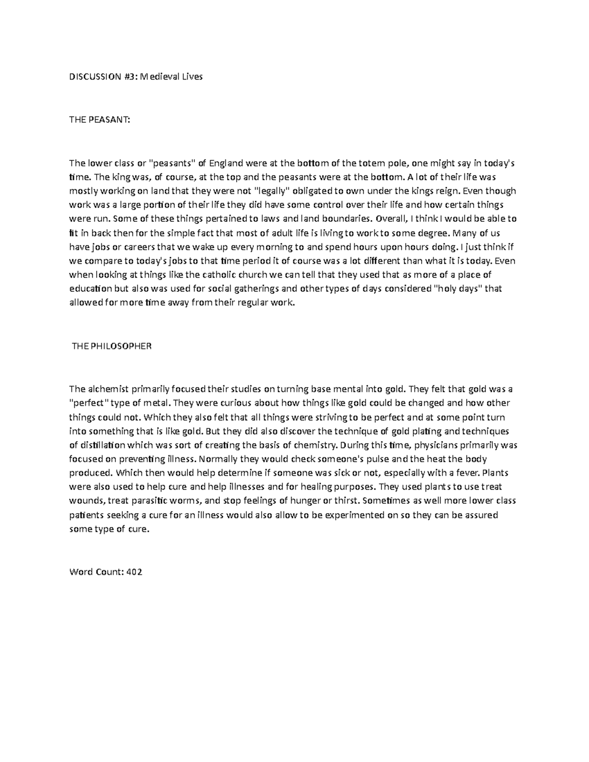 Discussion 3 Medieval Lives - DISCUSSION #3: Medieval Lives THE PEASANT ...