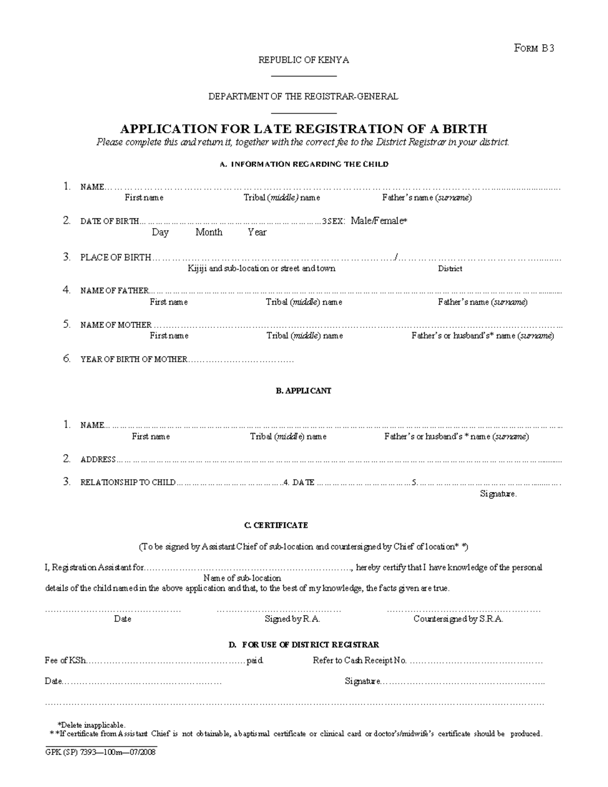 FORM B3 PG 1 - hhdhdh - FORM B REPUBLIC OF KENYA ...