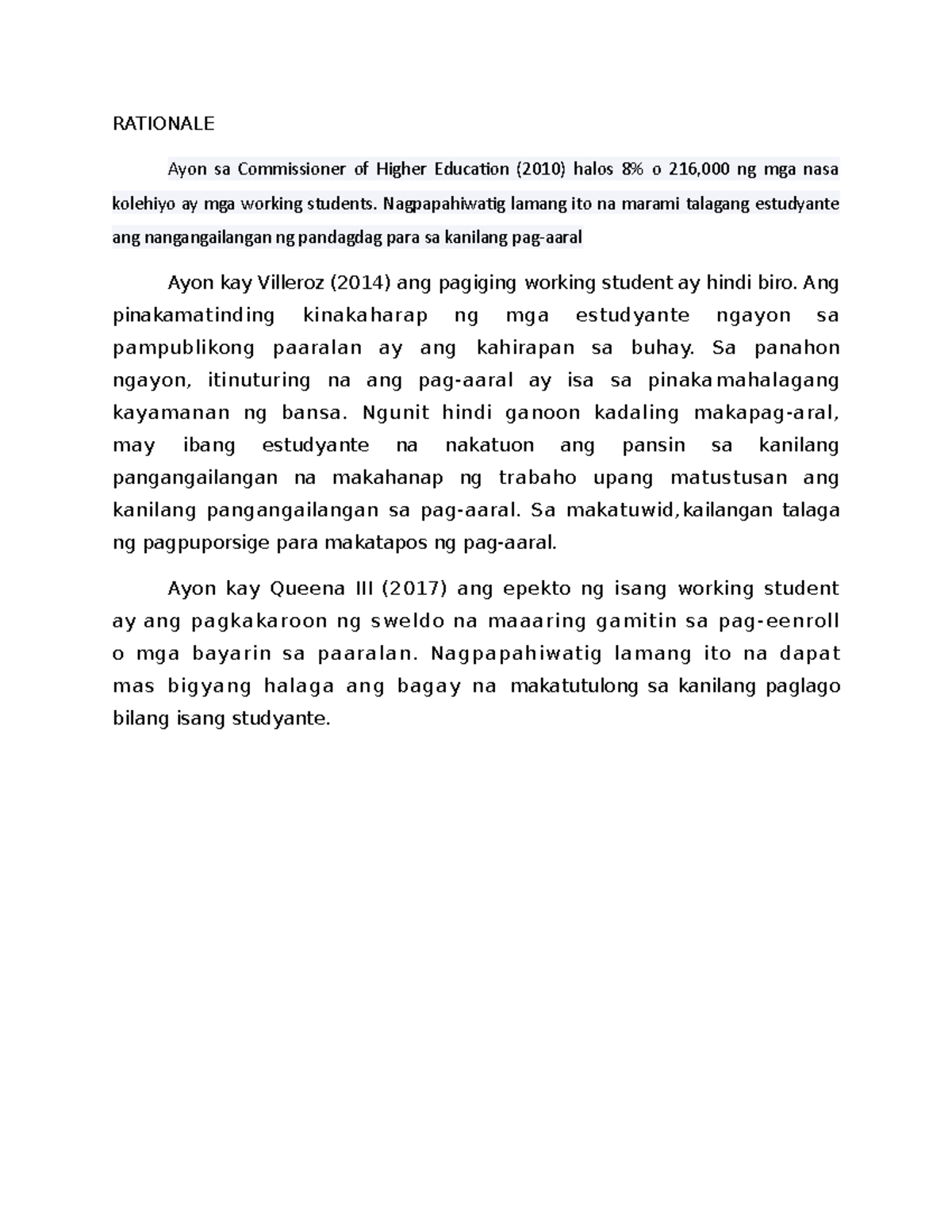 Rationale filipino - Research - RATIONALE Ayon sa Commissioner of ...