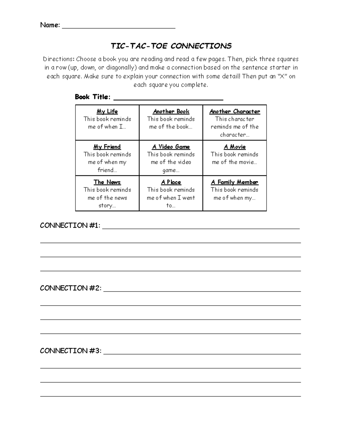 Making Connectionswith Tic Tac Toe Reading Comprehension Worksheet-1 ...