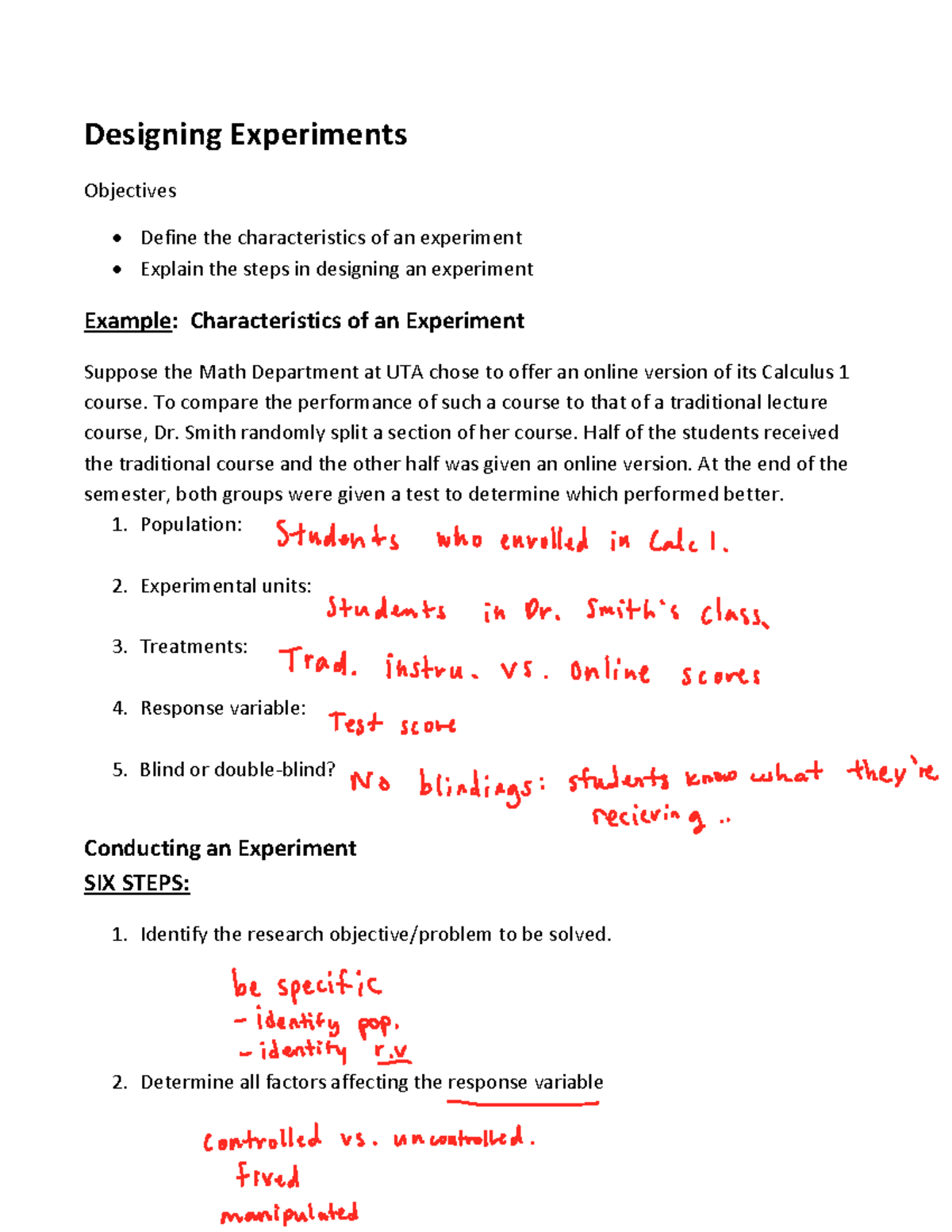 Designing Experiments - ####### Designing Experiments Objectives - Define the characteristics of ...