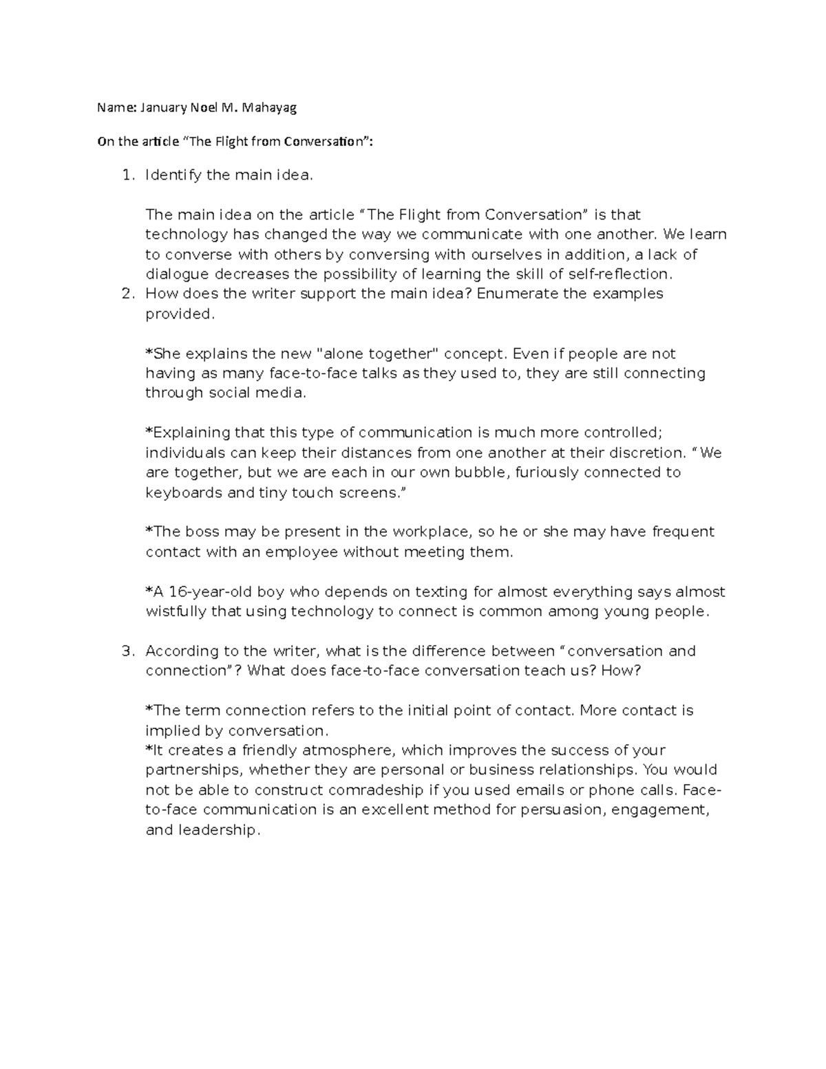 The Flight from Conversation - Name: January Noel M. Mahayag On the ...