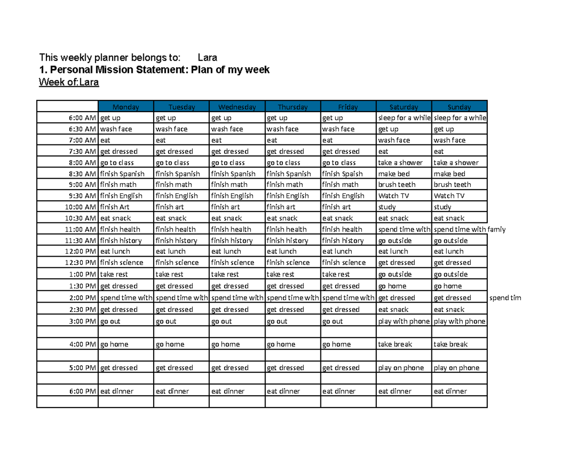 Weekplan - Sheet 1 - HHHHhhhh - This weekly planner belongs to: Lara 1 ...