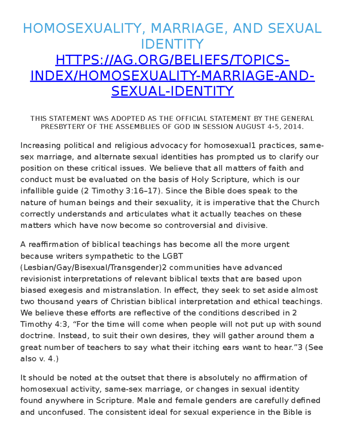 Issue 1 - HOMOSEXUALITY, MARRIAGE, AND SEXUAL IDENTITY HTTPS:AG/BELIEFS ...