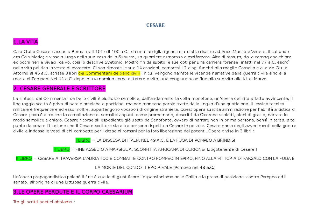 19. Cesare (vita e opere) - CESARE 1 VITA Caio Giulio Cesare nacque a Roma tra il 101 e il 100 a ...