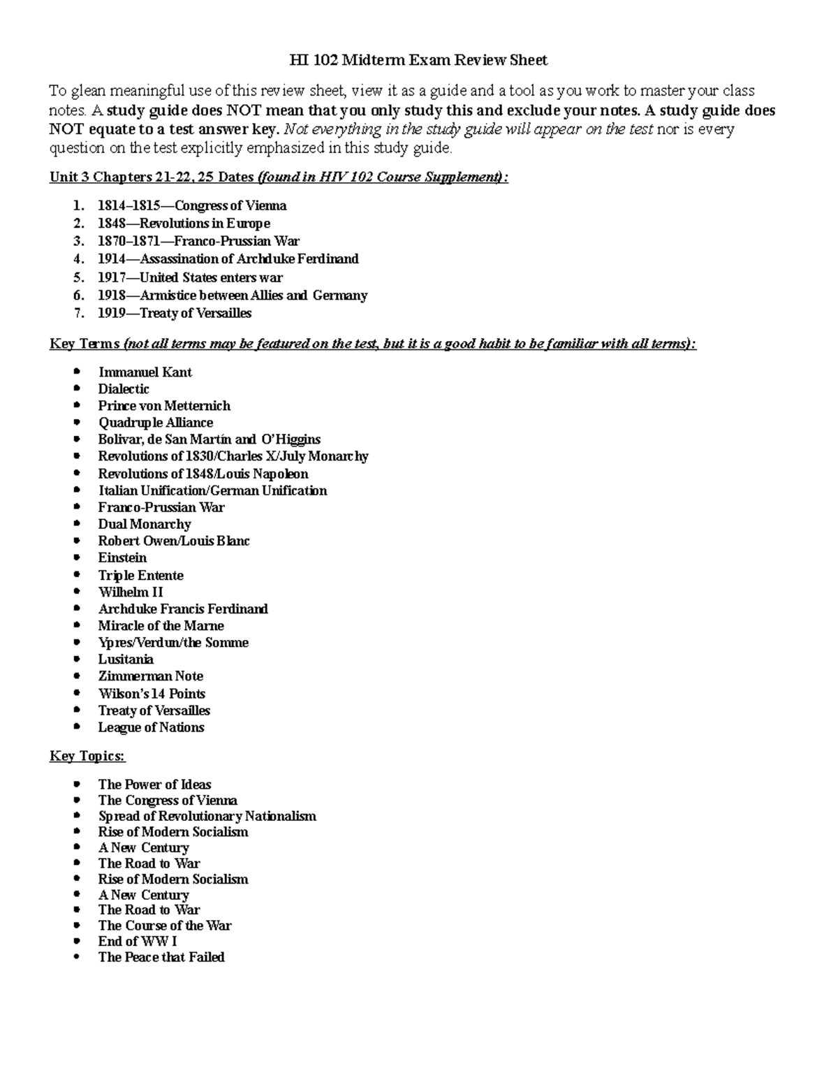 HI102+Midterm+Exam+Review+Sheet+SP22 - HI 102 Midterm Exam Review Sheet ...