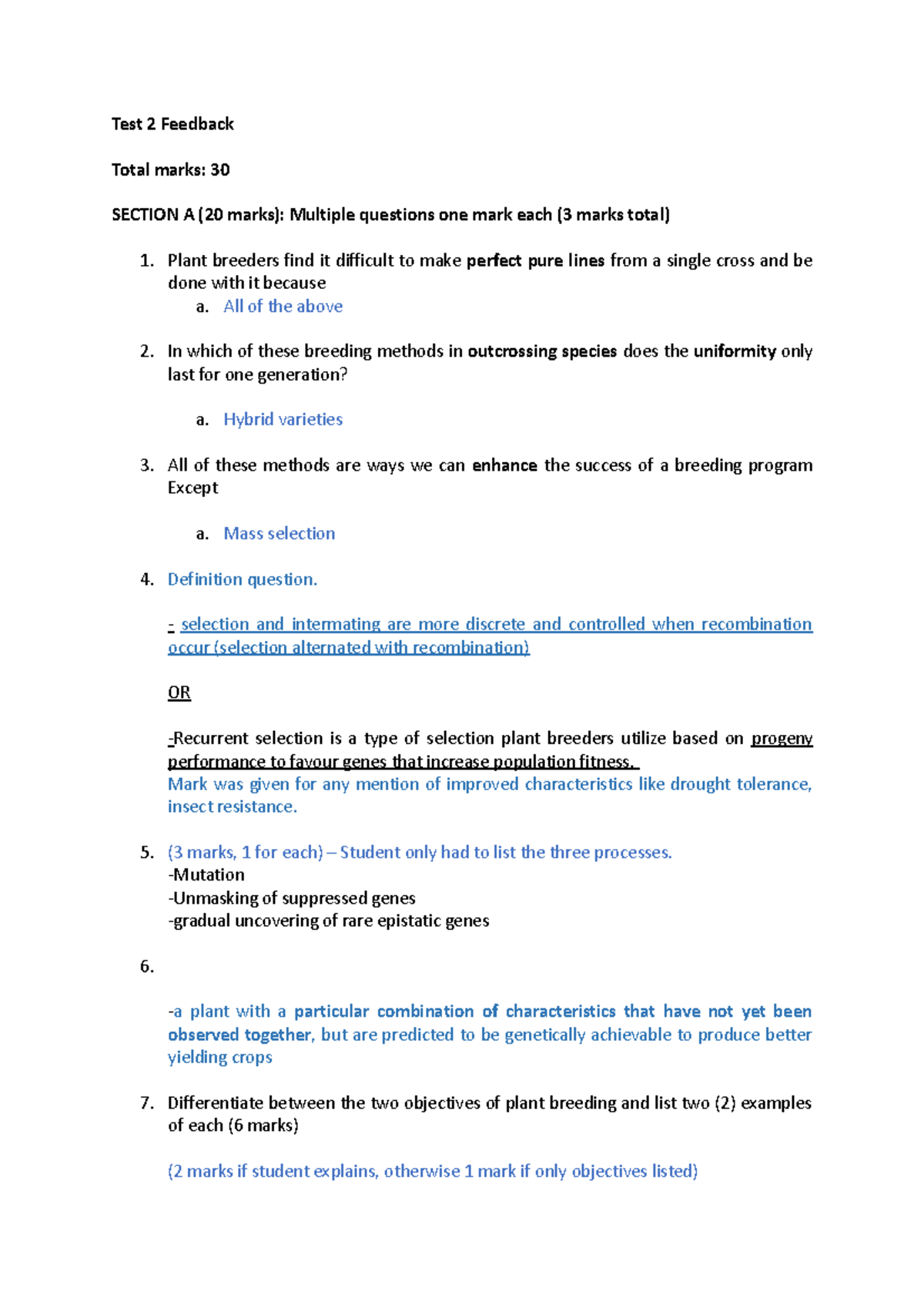 Feedback test 2 - Memo - Test 2 Feedback Total marks: 30 SECTION A (20 ...