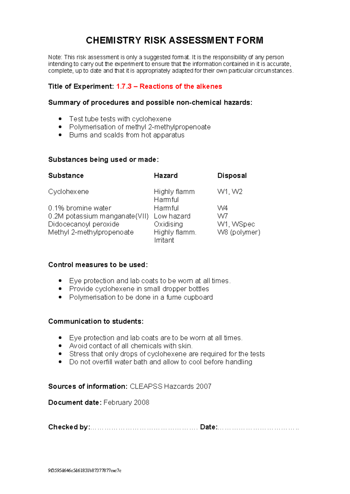 Chemistry RISK Assessment FORM - 1 - CHEMISTRY RISK ASSESSMENT FORM ...