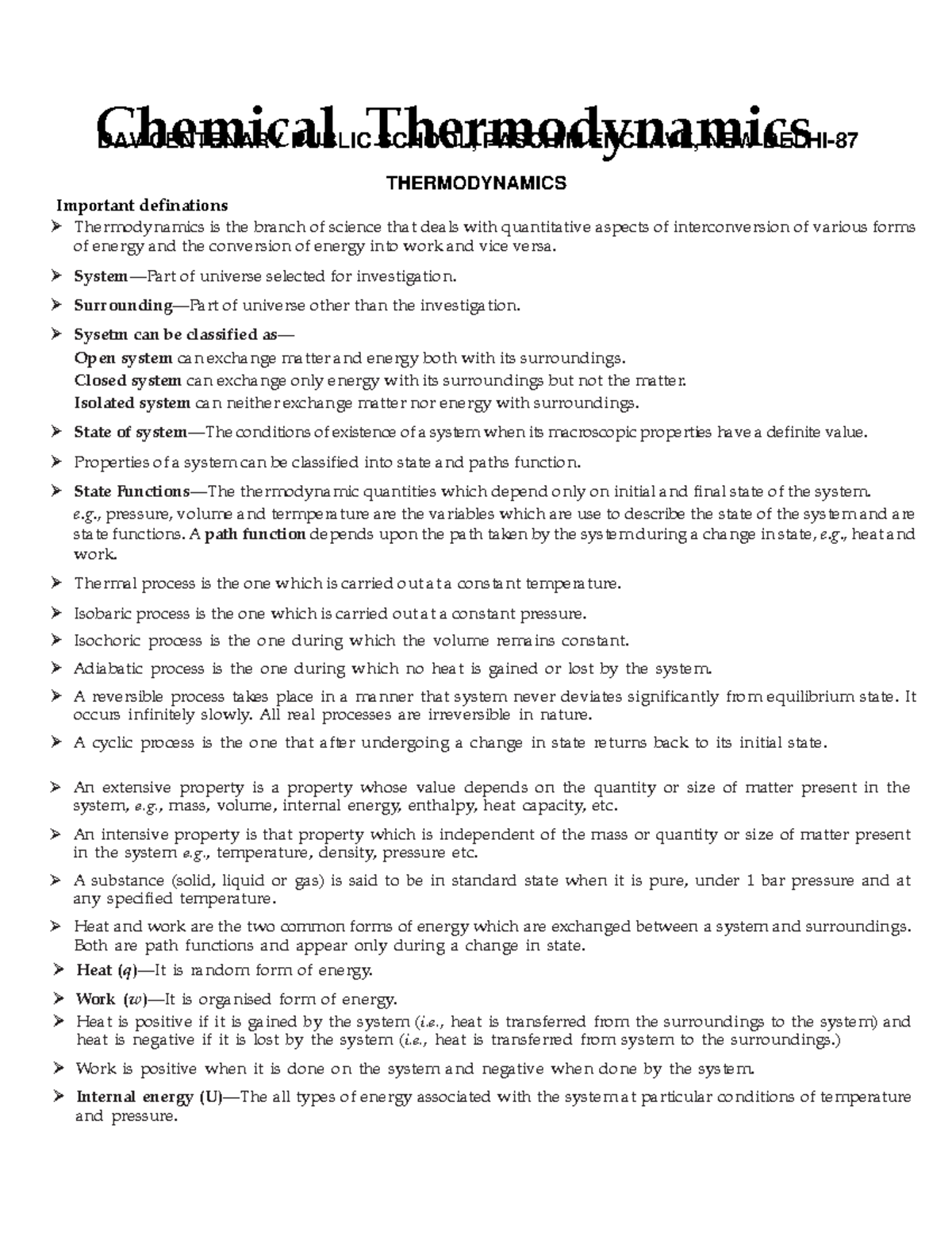 Thermodynamics notes - Or Internal energy is the quantity that ...