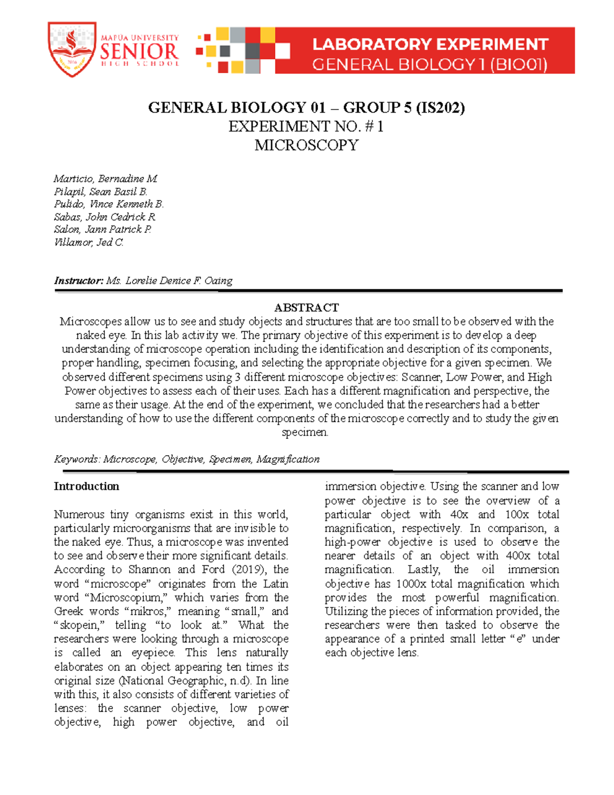 BIO 01 Lab Report - Group 5 - GENERAL BIOLOGY 01 – GROUP 5 (IS202 ...