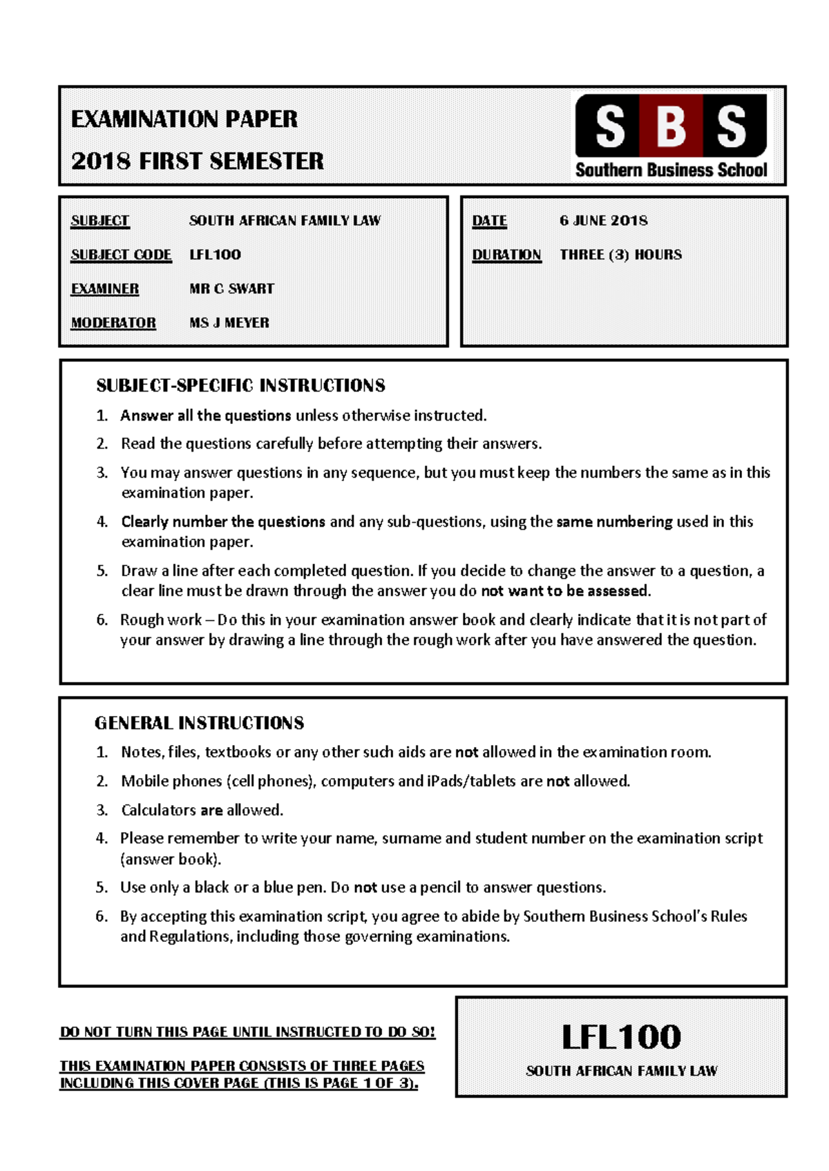 LFL100 2018 01 EXAM - Past paper - GENERAL INSTRUCTIONS 1. Notes, files ...