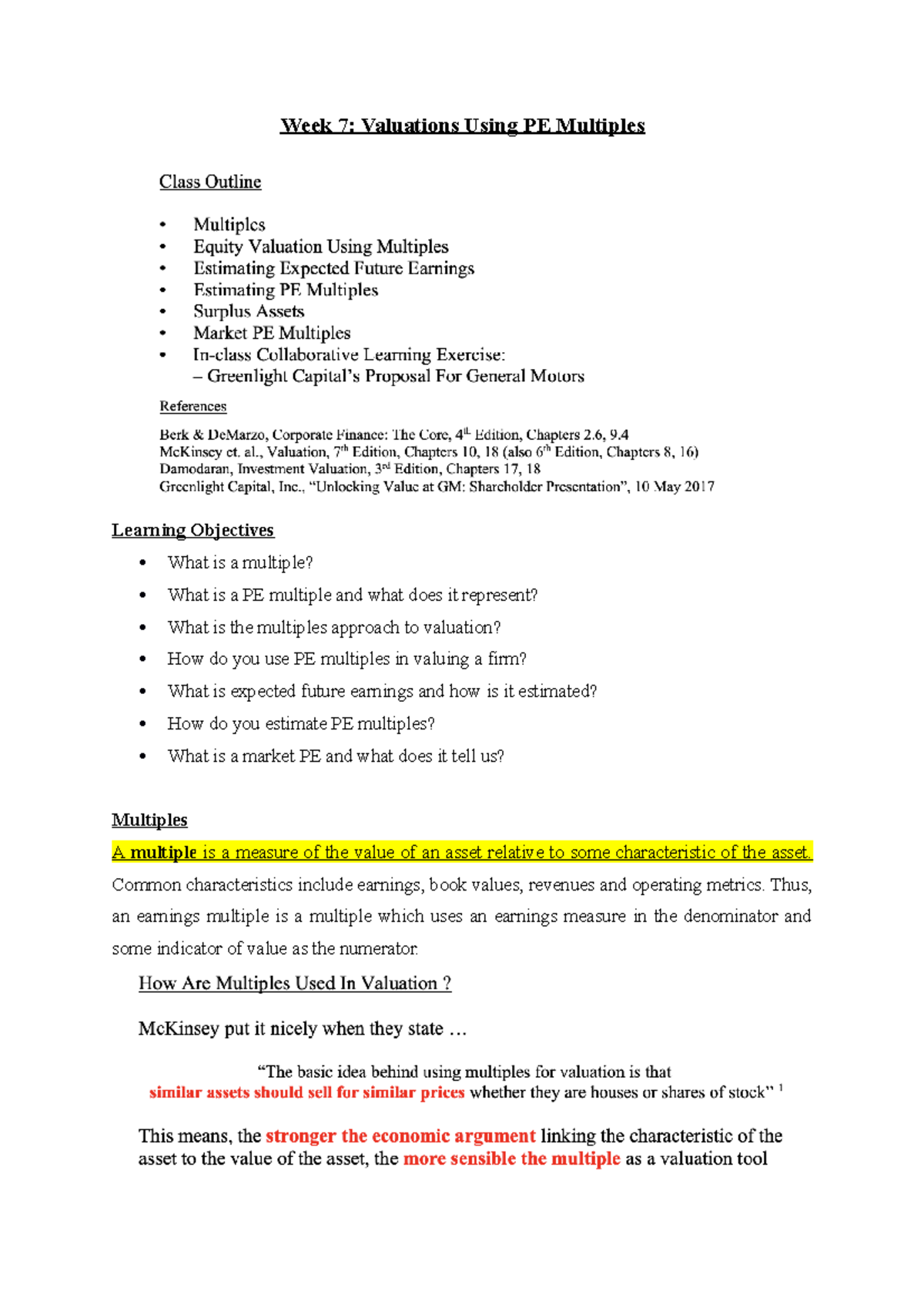 Week 7- Valuations Using PE Multiples - Week 7: Valuations Using PE ...