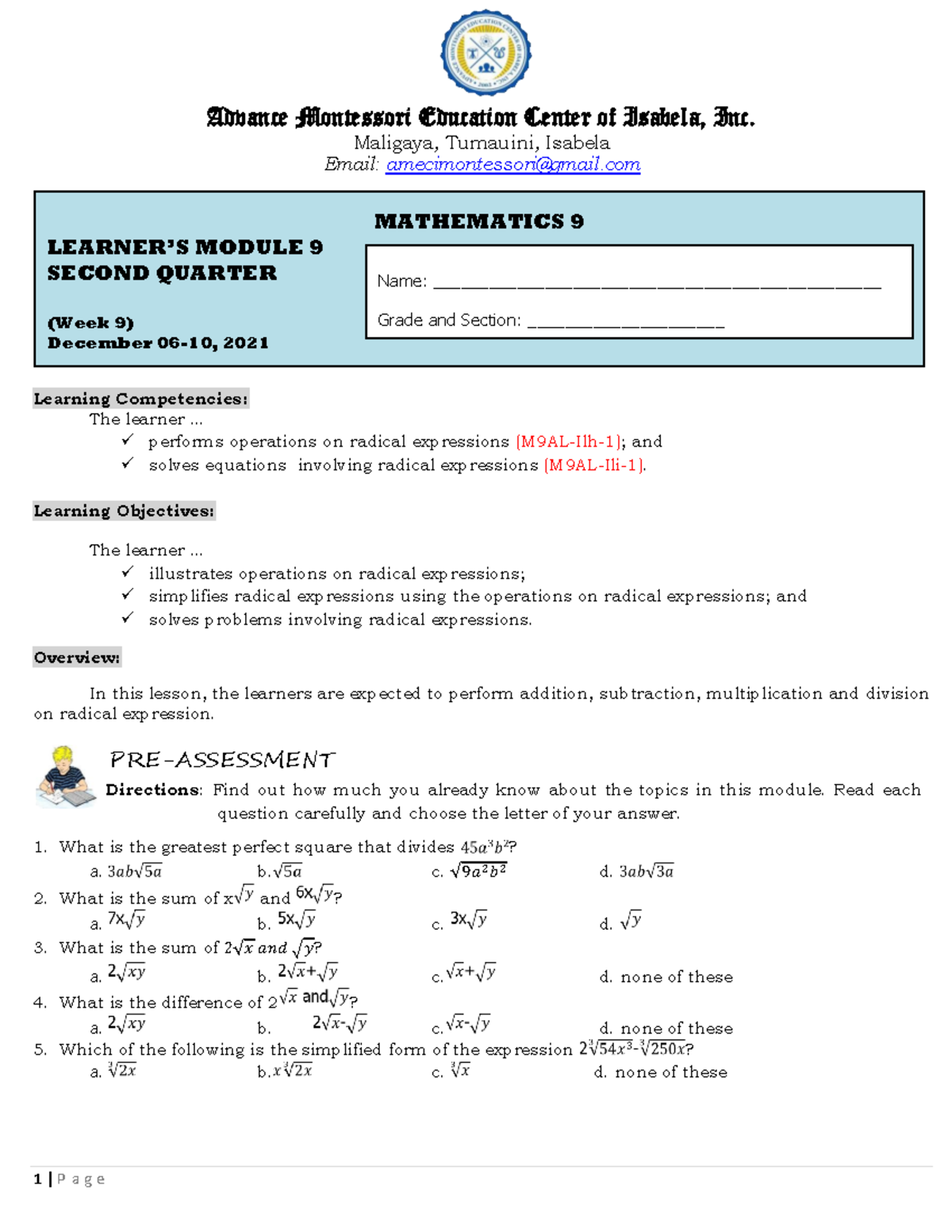 Module IN Mathematics 9 WEEK 9 Second Quarter - Advance Montessori ...