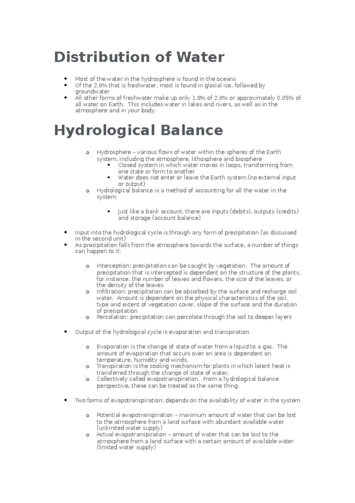 U3 - lecture notes - Distribution of Water Most of the water in the ...
