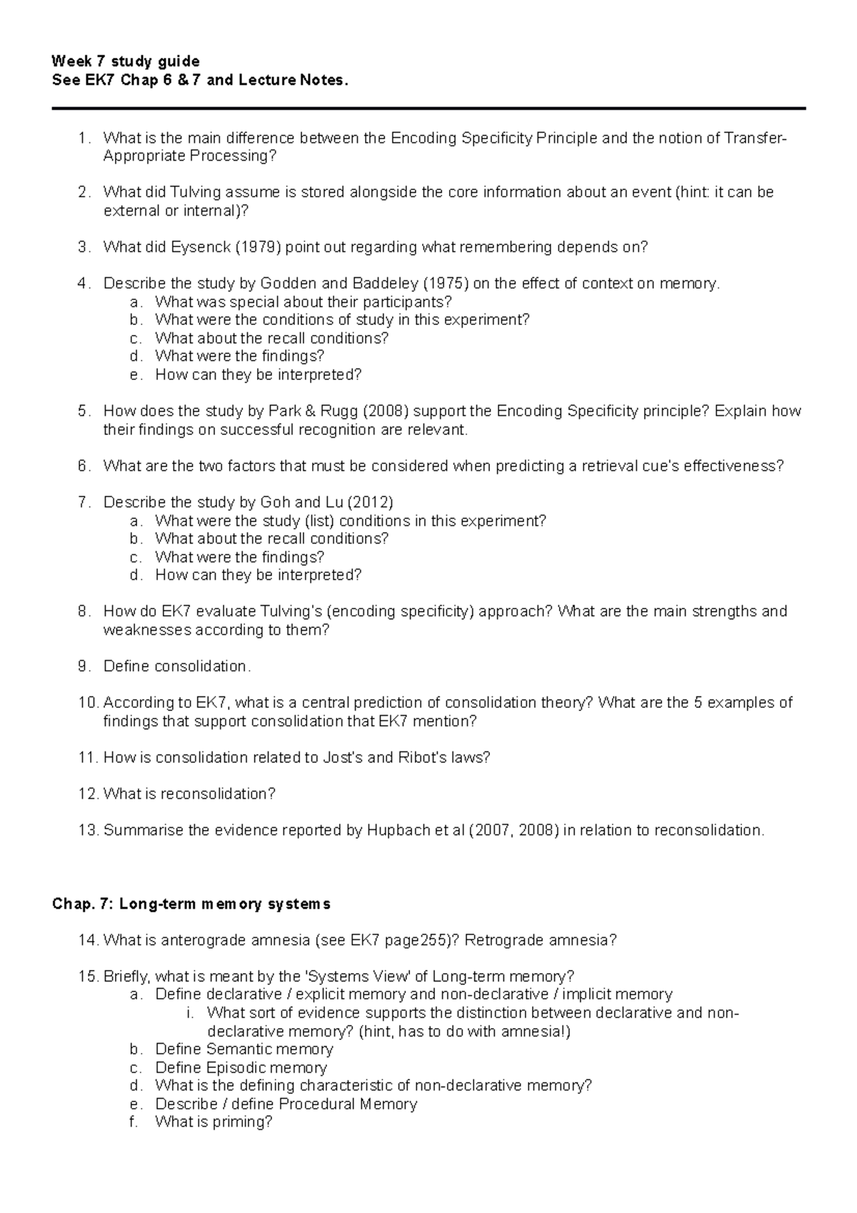 Week 3 Study Guide - Week 7 study guide See EK7 Chap 6 & 7 and Lecture ...