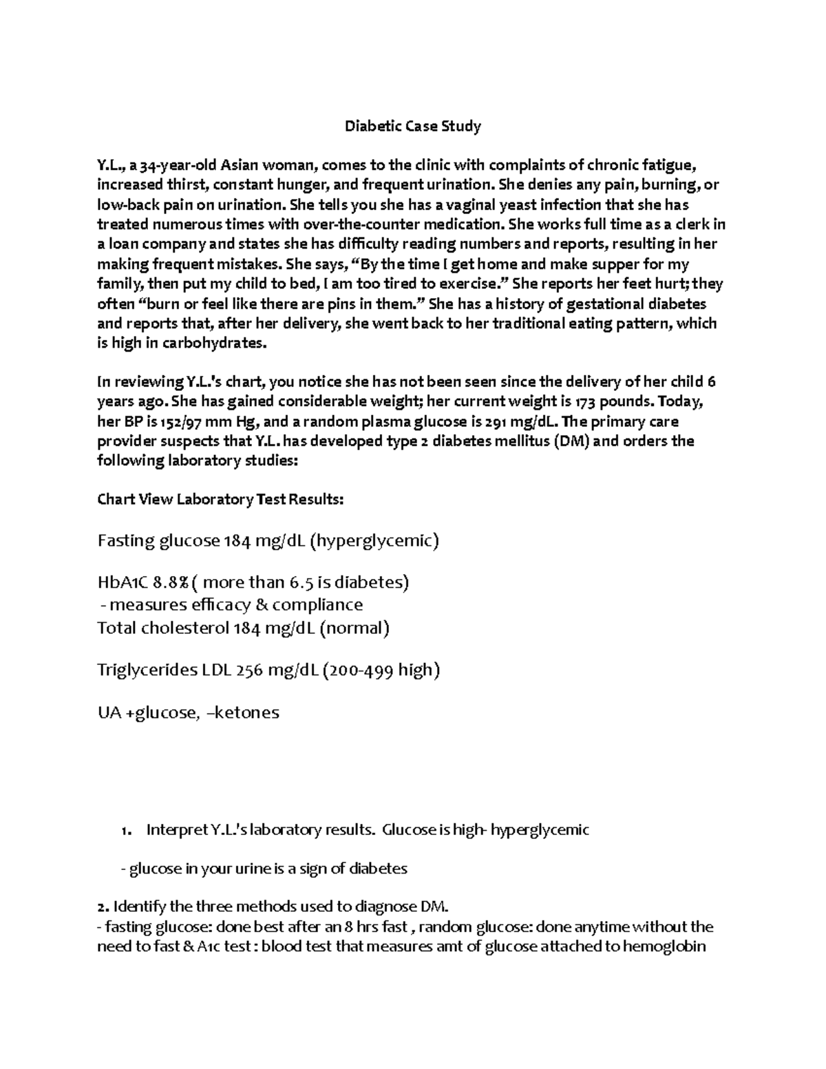 Diabetic Case Study Fall 2022 - Diabetic Case Study Y., a 34-year-old ...