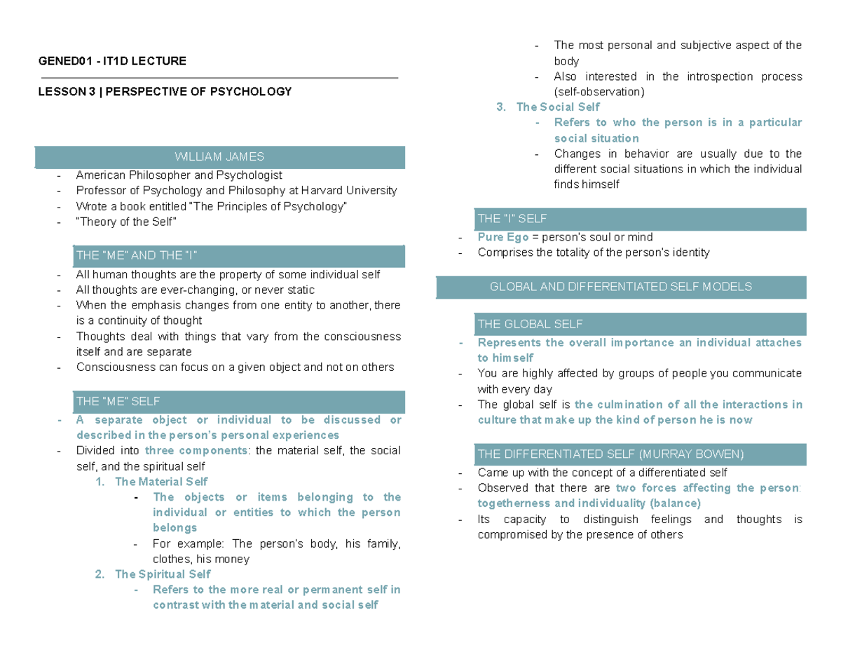 Perspective in Psychology - GENED01 - IT1D LECTURE LESSON 3 ...