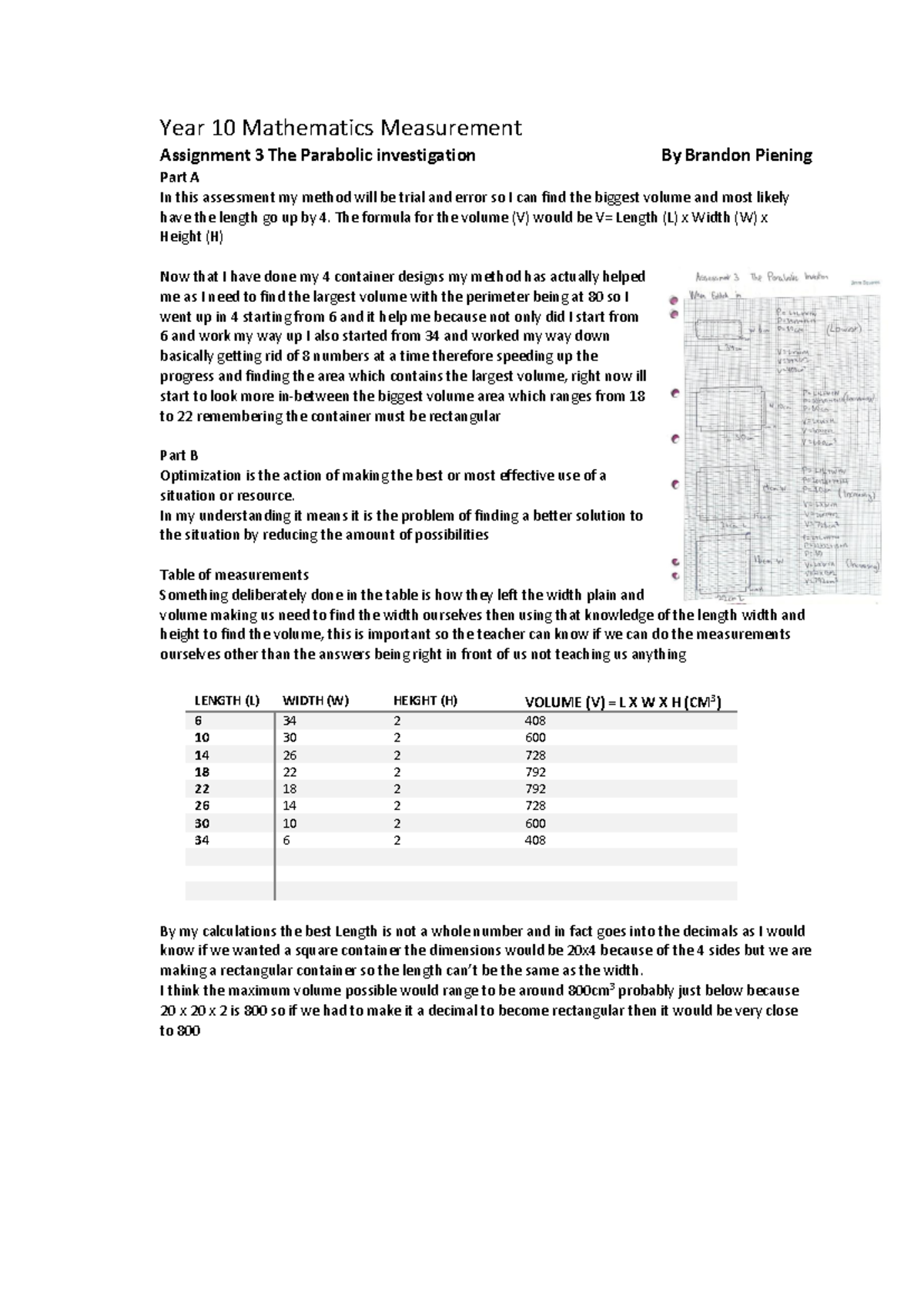 Assessement 3 Parabolic Investigation - Year 10 Mathematics Measurement ...