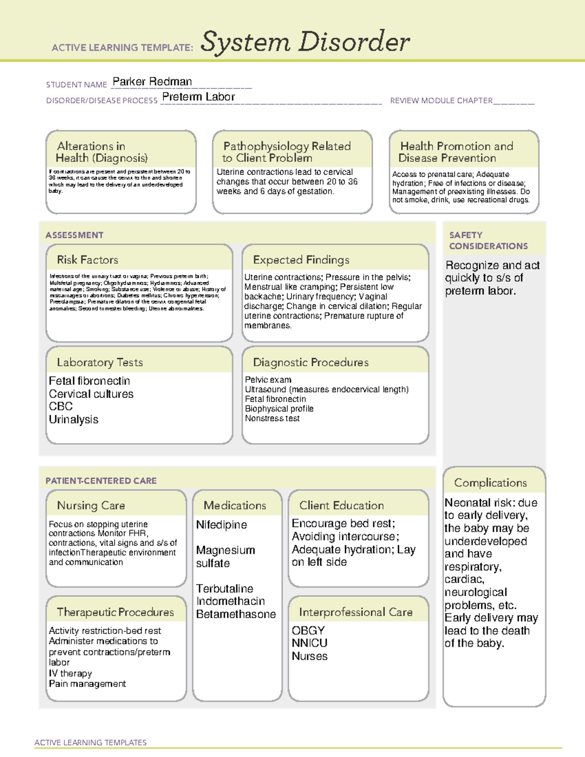 Preterm Labor - ACTIVE LEARNING TEMPLATES System Disorder STUDENT NAME ...
