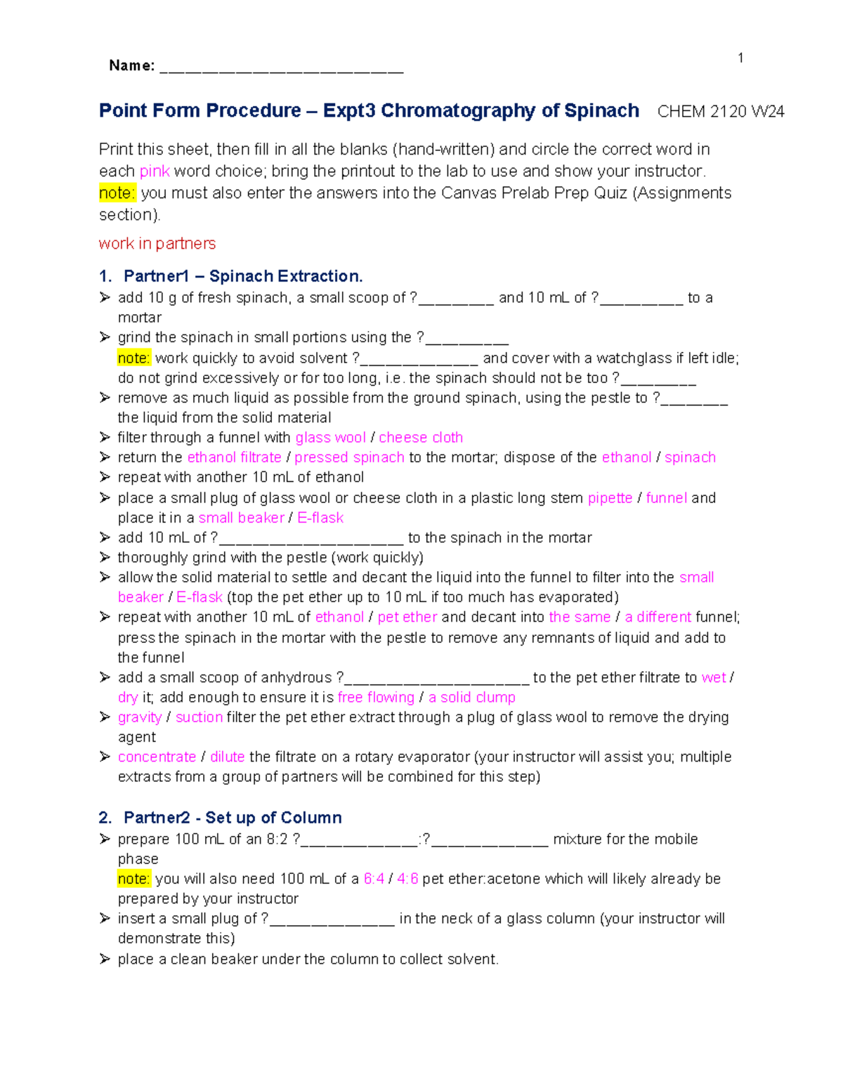 Point Form Procedure 2120 Expt3 Spinach Chromatography W24 - 1 Point ...