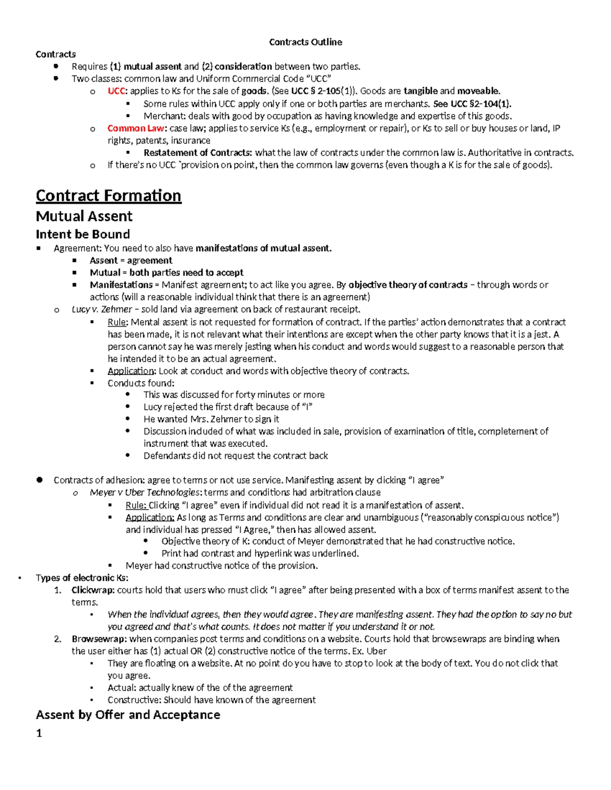 Contracts- 202020 - Contracts Outline Contracts Requires (1) mutual ...