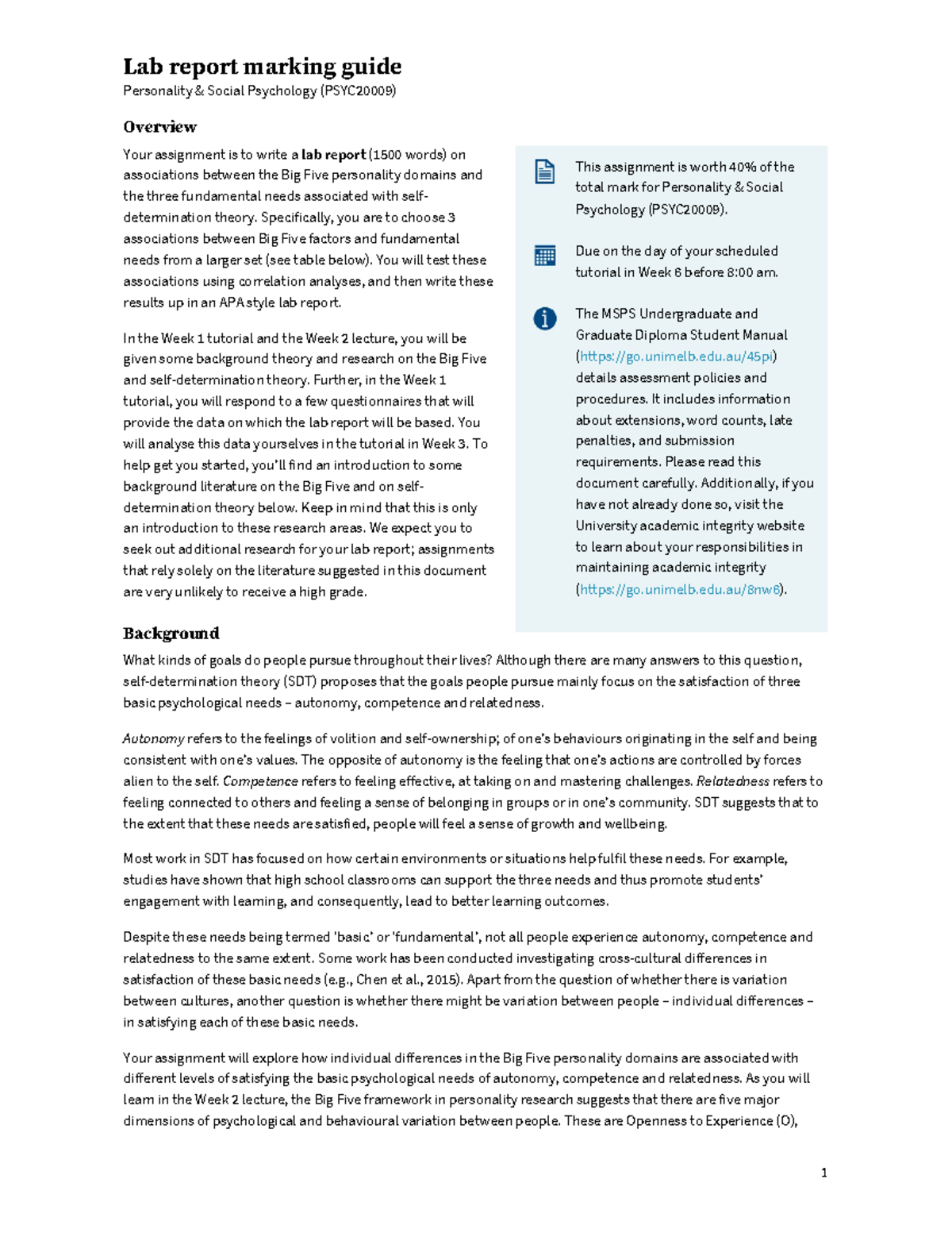2022 Assessment stud - Lab report marking guide Personality & Social ...