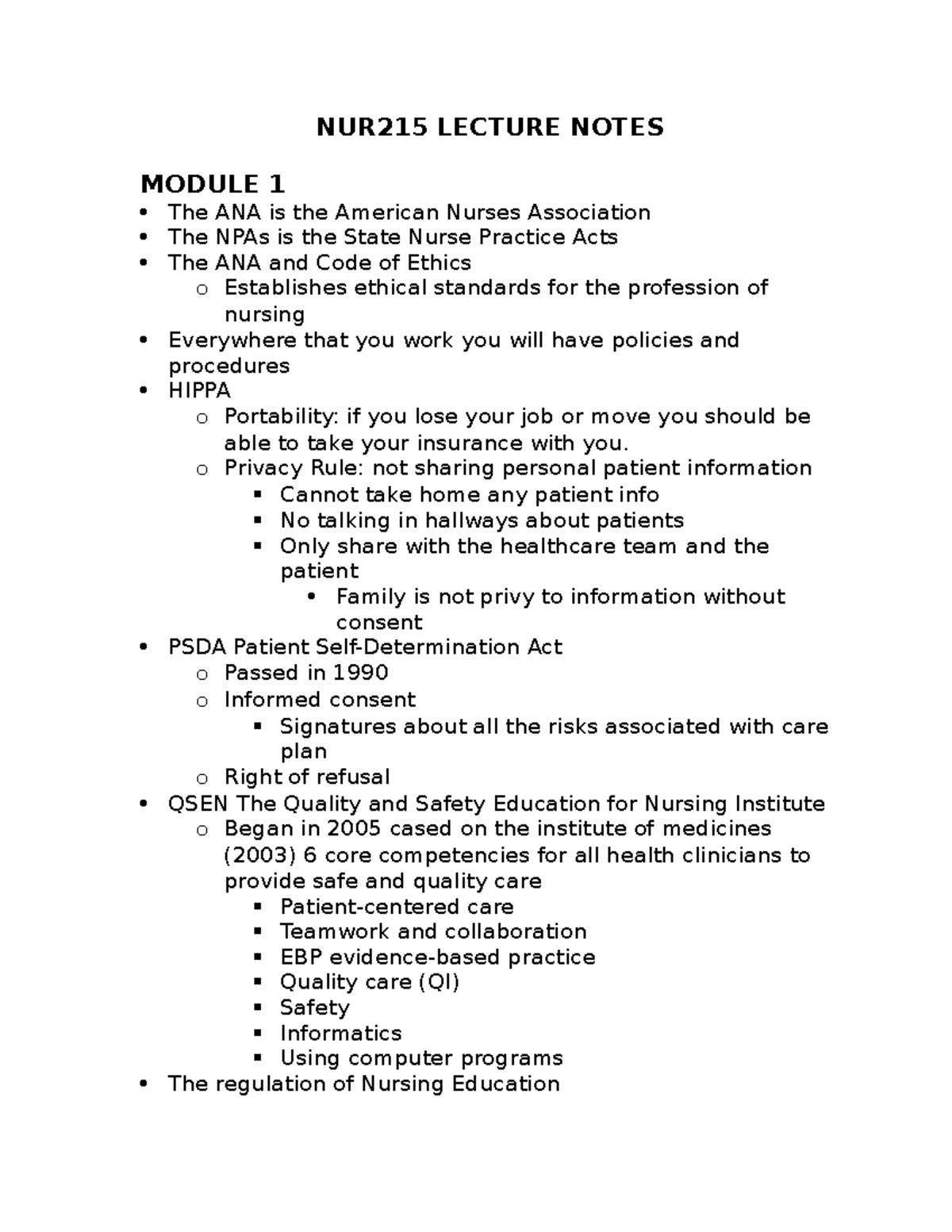 NUR215 Lecture 1 Notes - NUR215 LECTURE NOTES MODULE 1 The ANA is the ...