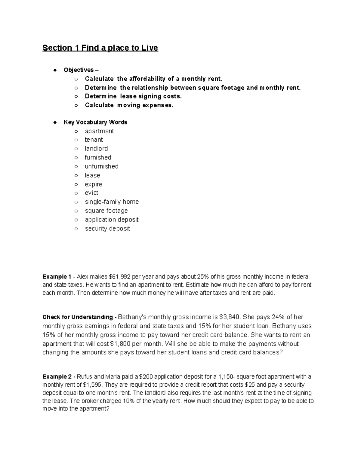 Chapter 10.1-10.3 Independent Living Notes - Section 1 Find a place to ...