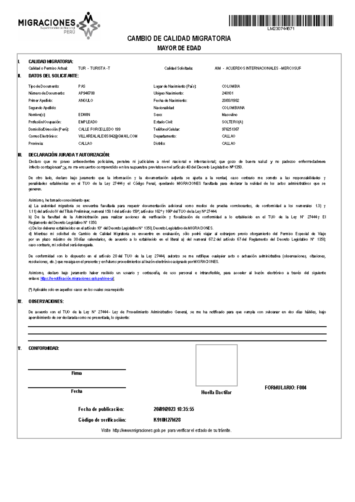 Expediente CCM Edwin Angulo - CAMBIO DE CALIDAD MIGRATORIA Calidad o ...