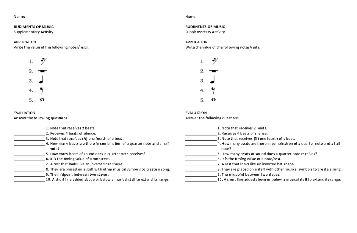Supplementary - music - Name: RUDIMENTS OF MUSIC Supplementary Activity ...