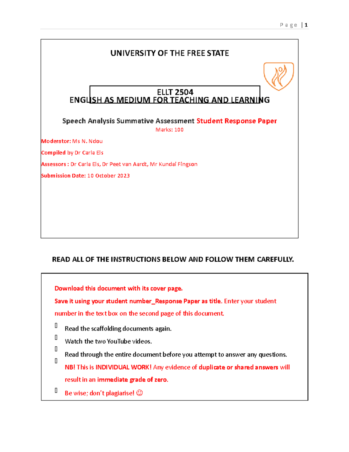 2023 ELLT 2504 Speech Analysis Assessment Student Template Answer Sheet ...