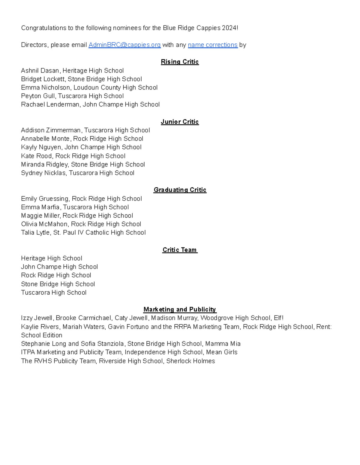 Blue Ridge Cappies Nominees 2024 - Congratulations to the following ...