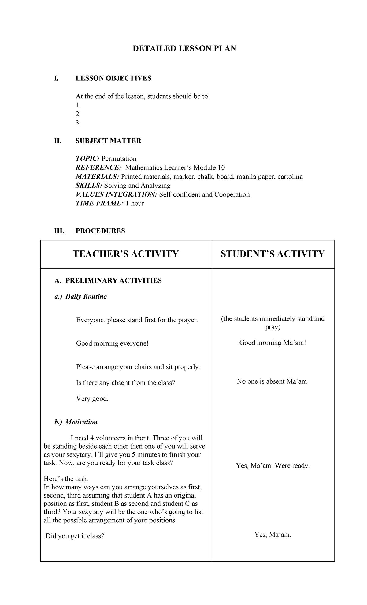Detailed Lesson PLAN - Copy - DETAILED LESSON PLAN I. LESSON OBJECTIVES ...