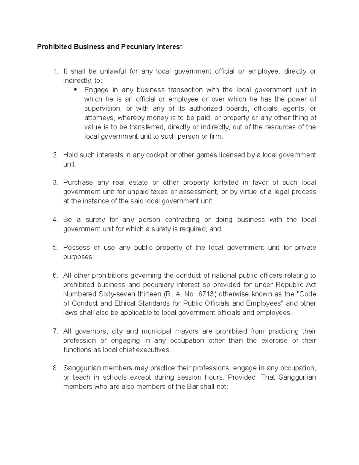 Prohibited Business and Pecuniary Interest - It shall be unlawful for ...