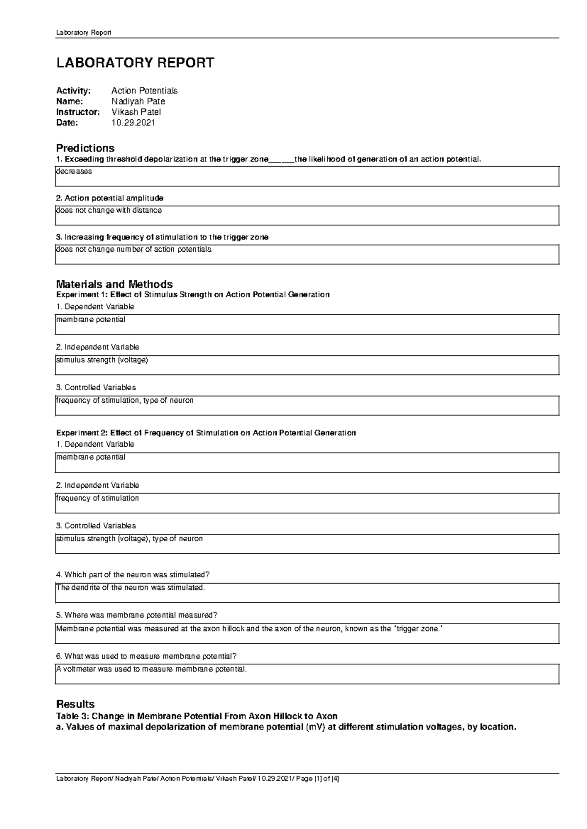 Action Potentials Lab Report - LABORATORY REPORT Activity: Action ...