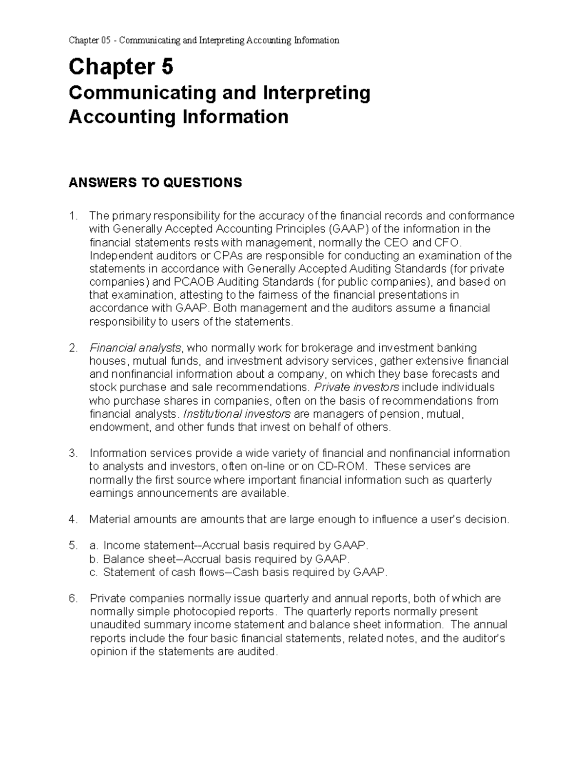 Chapter 5 Solutions-excluding homework - Chapter 5 Communicating and Interpreting Accounting ...