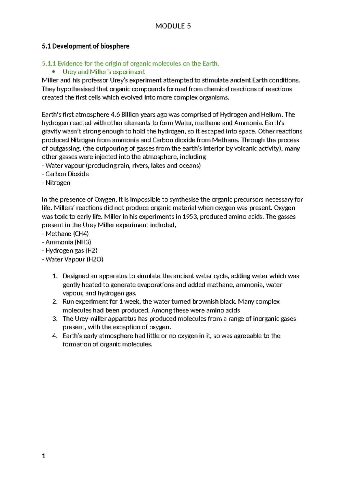 Study notes module 5 - 5 Development of biosphere 5.1 Evidence for the ...